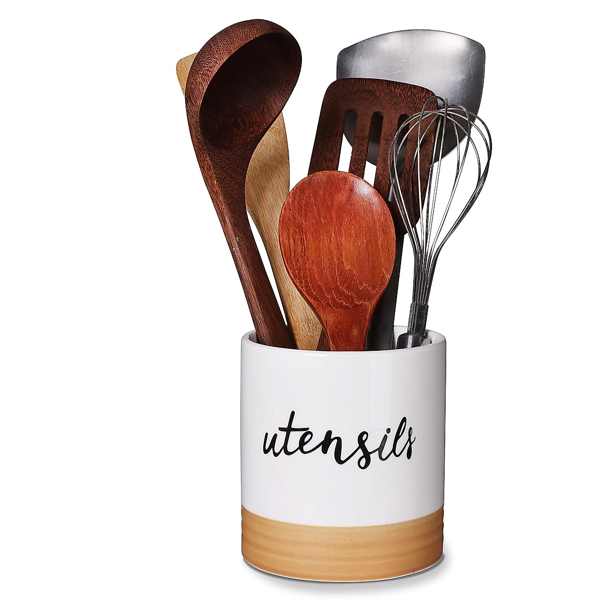 LEETOYI Ceramic Utensil Holder, Utensil Crock for Kitchen Counter, Farmhouse Kitchen Decor, Countertop Utensil Storage Caddy Organizer, Easy to Clean 4.5 inch, White