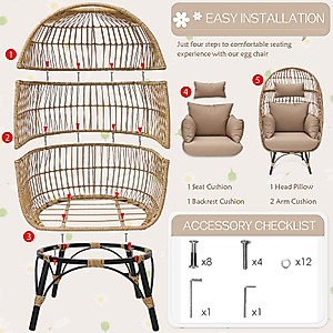 BULEXYARD Patio Wicker Stationary Egg Chair with Legs, Indoor Outdoor Oversized PE Rattan Egg Lounge Chairs for Garden, Backyard, Living Room, Bedroom(Brown/Brown, 2 Pcs)