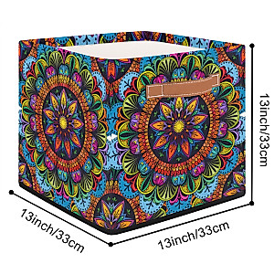 Mandala Floral Storage Basket Collapsible Fabric Storage Box 13x13x13 Inches Square Cube Storage Bins with Handles for Home Living Room Closet Shelf Office Bedroom