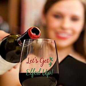 Modwnfy Funny Christmas Wine Glass Set, Let's Get Elfed Up Xmas Stemless Wine Glass for Women Friends Family Coworker, Good Wine Glasses for Christmas Wedding Birthday Party, Set of 4 (15 Oz)