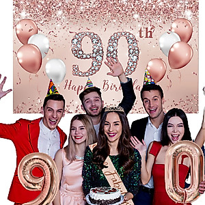 Trgowaul 90th Birthday Decorations Party Set for Women, Rose Gold 90 Birthday Banner and Tablecloth, 90 & Fabulous Sash and Tiara, 1PC Happy 90th Birthday Cake Topper, Pink Gold 90 Number Balloons