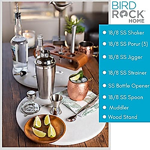 BIRDROCK HOME 10 Piece Bartender Kit with Wood Stand | Acacia | Professional Grade Stainless Steel Cocktail Set | Home Bar Tools | Gifts for Him | Shaker Bottle Opener