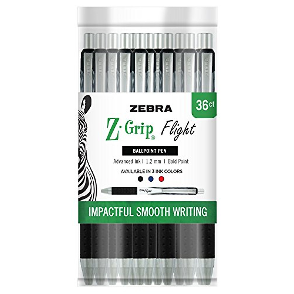 Zebra Pen Z-Grip Flight Retractable Pen, Bold Point, 1.2mm, Assorted colors, 36-Count