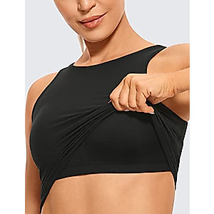 CRZ YOGA Butterluxe Womens High Neck Longline Sports Bra - U Back Padded Crop Workout Tank Top with Built in Bra Black Small