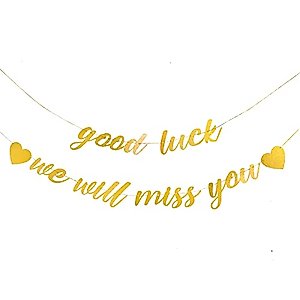 Good Luck We Will Miss You Banner Sign for Retirement Farewell Party Decorations Gold Glitter Pre-Strung Banner for Goodbye Party (Good Luck)
