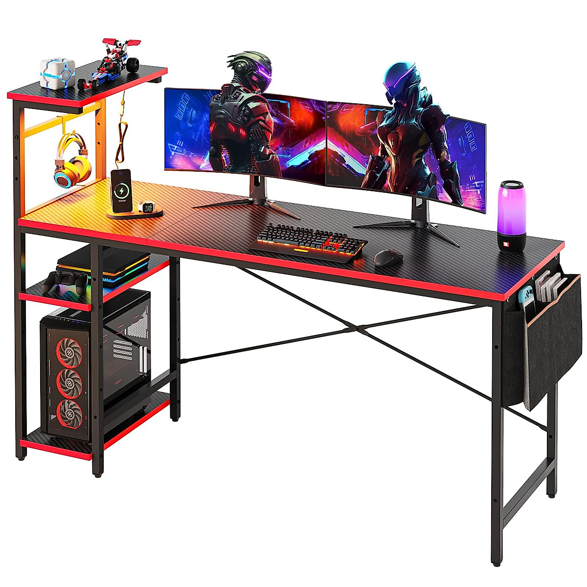 Bestier 61 Inch Gaming Desk with LED Lights, Reversible Shelves, Height Adjustable Shelf, Steel Frame, CARB P2 Class Board, Black Grained