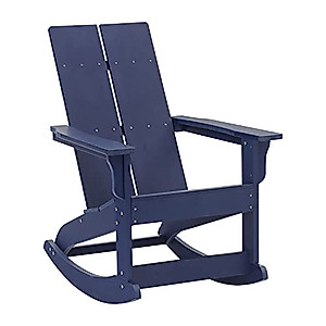 Flash Furniture Finn Modern Commercial Grade Poly Resin Wood Adirondack Rocking Chair - All Weather Navy Polystyrene - Dual Slat Back - Stainless Steel Hardware
