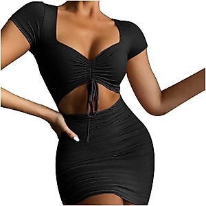 Bravetoshop Women's Sexy Bodycon Mini Dress Short Sleeve Cut Out Ruched Dresses Club Party Y2K Streetwear (Black,M)