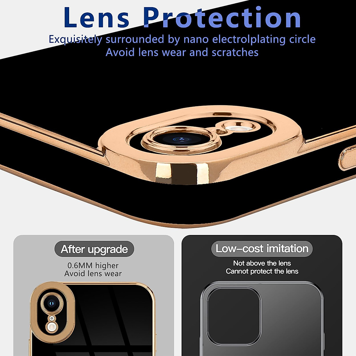 Lafunda Compatible with iPhone Xr Case, Cute Luxury Plating for Women Girls Elegant Golden Edge Pretty Shockproof TPU Bumper Cover with Silicone Camera Protective Phone Case for iPhone Xr, Black