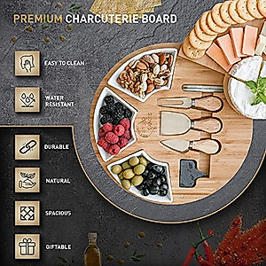 Large Cheese Cutting Board Charcuterie & Knife Set - Round Unique Swivel Bamboo Charcuterie Board Set For Parties - Wine Cheese Board Charcuterie Platter For Serving The Family - Cheeseboard Gift Set