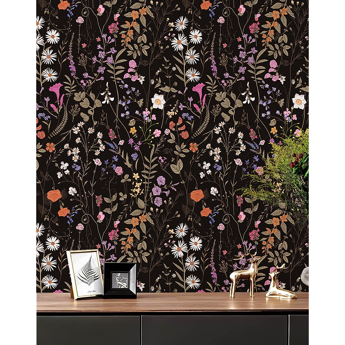 JiffDiff Floral Wallpaper Peel and Stick, Self Adhesive Wallpaper for Home Bedroom Cabinets and Kitchen Countertop Peel and Stick Thicken Contact Paper (17.3"x118", Dark Floral)