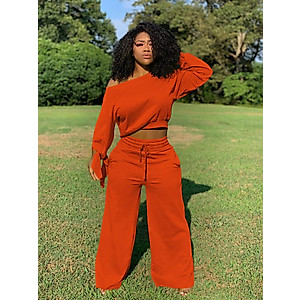 TOPSRANI Women's 2 Piece Outfits Casual Solid Sweatsuits Baggy Long Sleeve Loose Matching Wide Leg Tracksuit Pants Sets Orange L