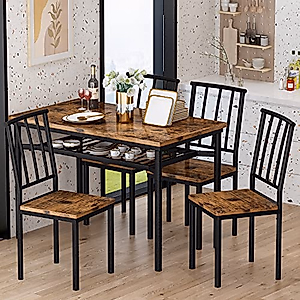 AWQM Dining Table Set for 4, Dining Table with Storage Shelf and 4 Chairs, Industrial Kitchen Table and Chairs for 4, Table and 4 Chairs Set for Breakfast Nook, Dining Room, Kitchen - Rustic Brown