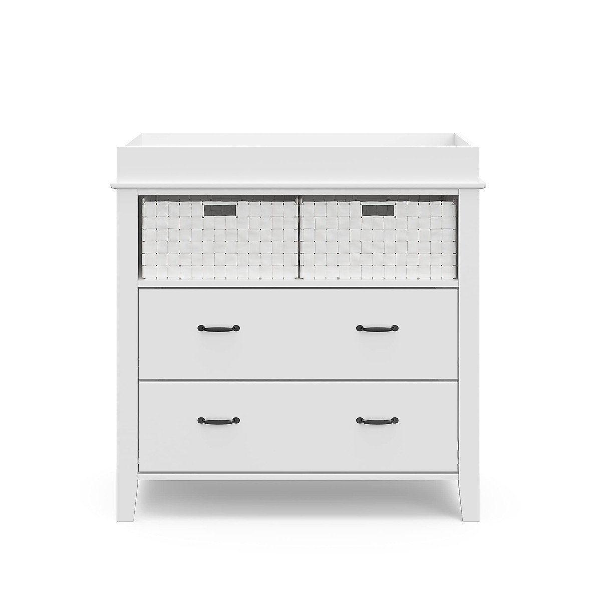 Storkcraft Forrest 2 Drawer Changing Table Chest with Baskets, Attached Changing Topper Fits Standard Size Changing Pad, 2 Drawers and 2 Open Shelves, White