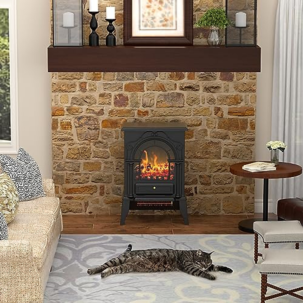 Freestanding Electric Fireplace Stove, 16" Infrared Fireplace Heater with Realistic Flame Effects, Adjustable Brightness and Thermostat, Overheating Safe Design, 1000W/1500W