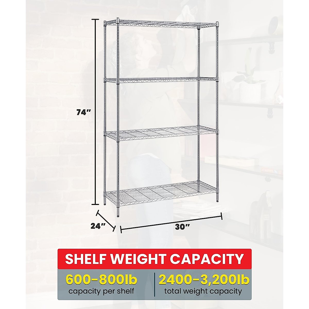Quantum Storage Systems WR74-2430C Starter Kit for 74' High 4-Tier Wire Shelving Unit, Chrome Finish, 24' Width x 30' Length x 74' Height