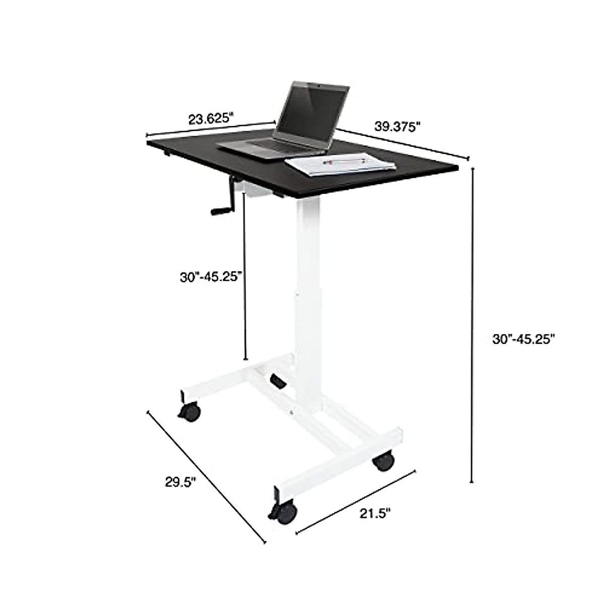 Stand Up Desk Store Crank Adjustable Height Single Column Rolling Mobile Standing Desk (White Frame/Black Top, 40" Wide)