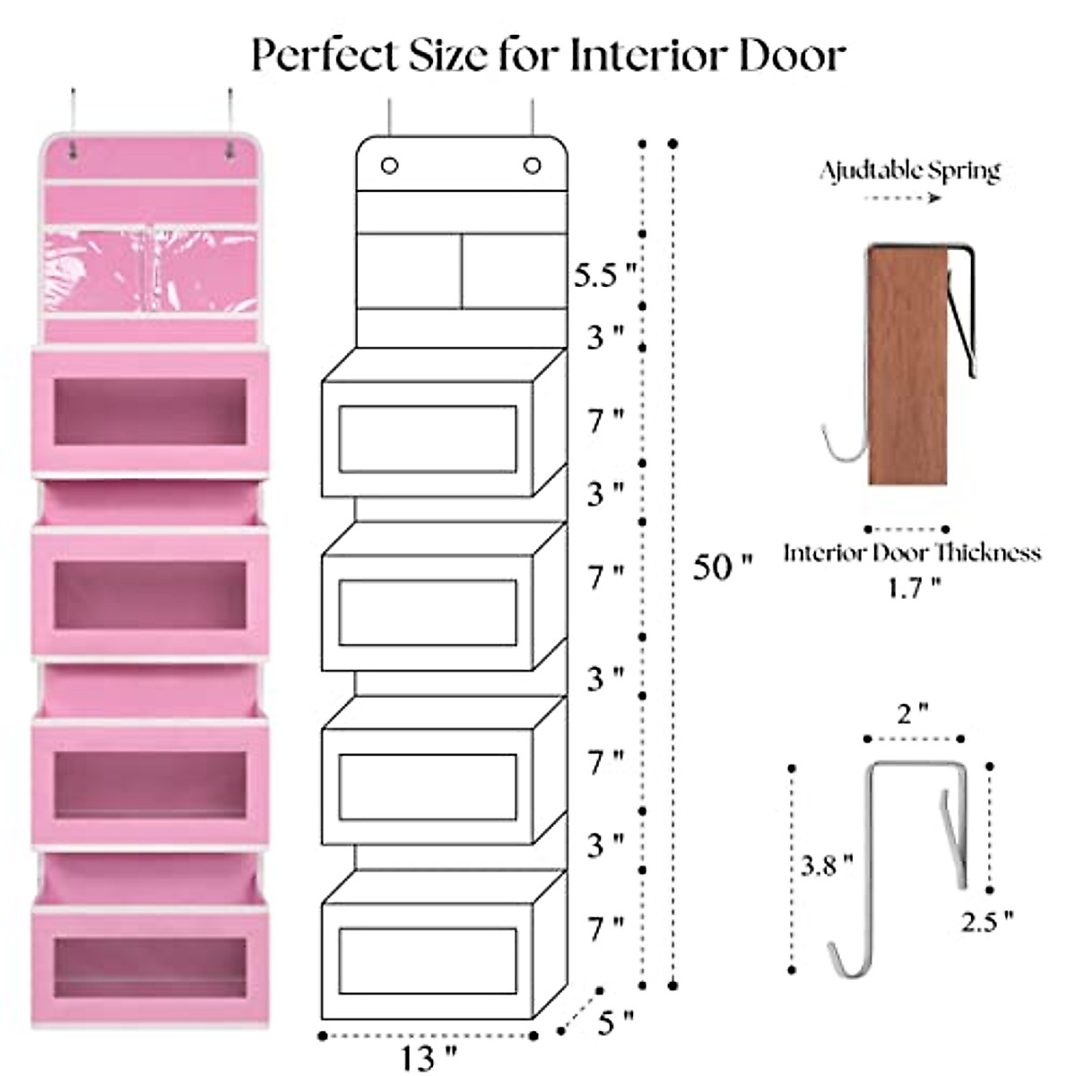 Heavy Duty Over Door Organizer, Wall Mount Hanging Organizer Storage with 4 Large Capacity Pockets, Closet Bathroom Nursery Bedroom Dorm, Toys Cosmetics Sundries and Baby Essentials, Pink
