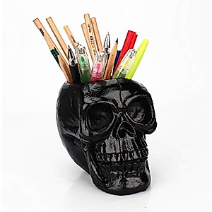 Nicee Skull Pen Holder,Skull Makeup Brush Holder,Pen Holder,Dressing Table Office Desk Storage Box,Green Plant Flower Pot,Halloween Skull(Black)