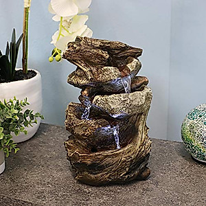 Sunnydaze Indoor Electric Tabletop Fountain with LED Lights - Decorative Tiered Rock and Log Waterfall Design - Quiet and Soothing Water Sound - Small 10.5 Inch Desktop Size