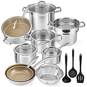 Duxtop 17PC Professional Stainless Steel Induction Cookware Set, Stainless Steel Ceramic Nonstick Pan Set, Impact-bonded Technology, FUSION Titanium Reinforced Ceramic Coating, Brown