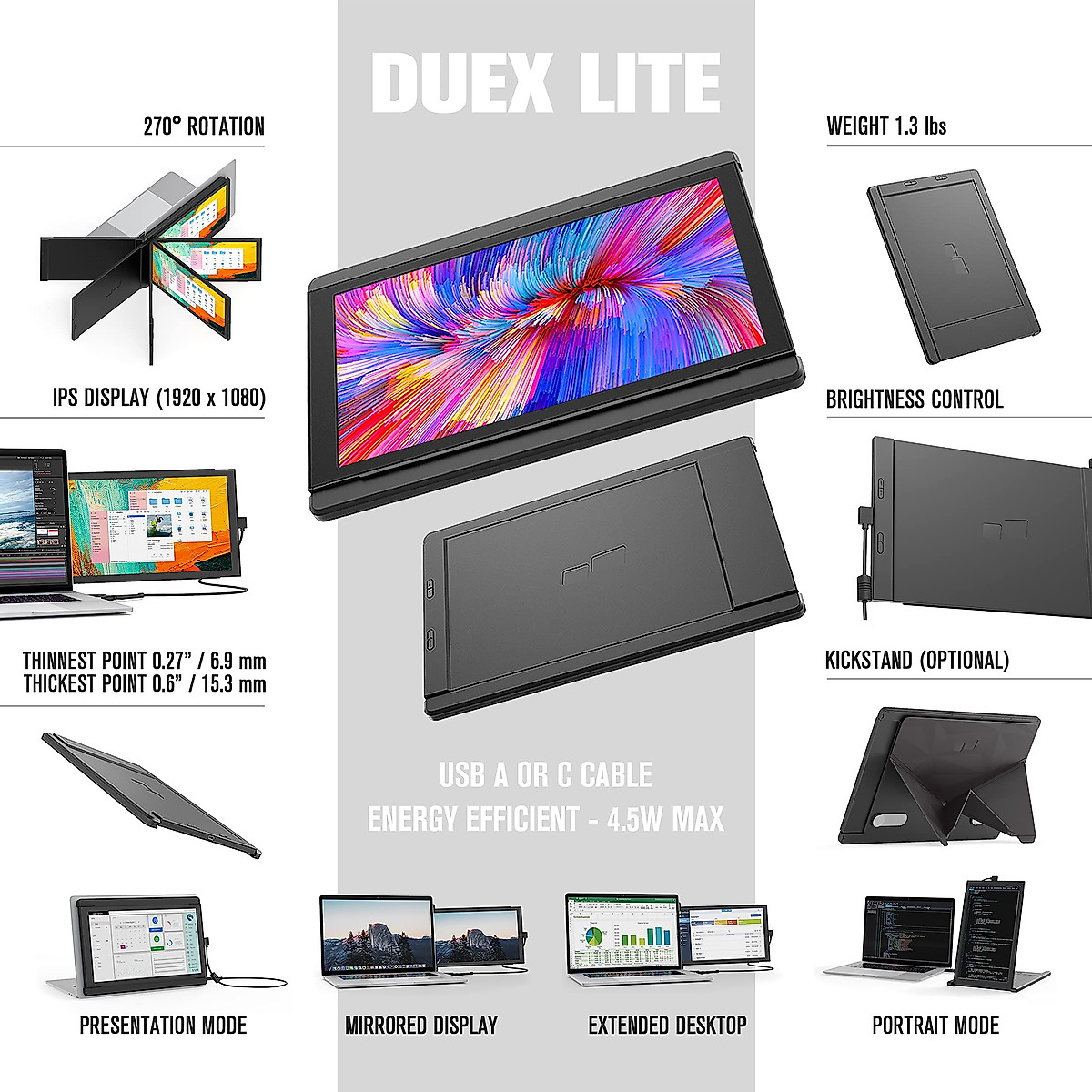 Duex Lite Portable Monitor for Laptop, Mobile Pixels 12.5" Full HD1080p IPS Dual Monitor for laptops, USB C/USB A Powered Plug and Play Portable Display, Windows/Apple Compatible (1pc Grey)