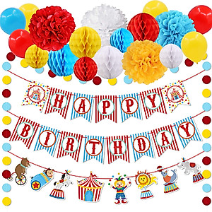 52pcs Carnival Circus Party Decorations Supplies, Carnival Birthday Party Ideas, Circus Happy Birthday Banner Balloons Tissue Paper Flowers Pom Poms Honeycomb Ball Circle Dots for Carnival Decoration