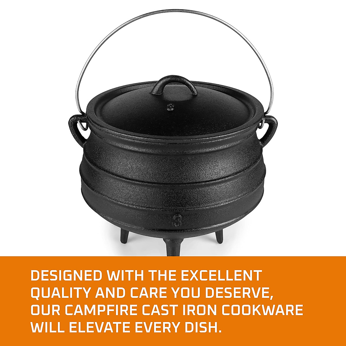 Bruntmor Pre-Seasoned Cast Iron Cauldron | African Potjie Pot with Lid | 3 Legs for Even Heat Distribution - Premium Camping Dutch oven Cookware for over-the-fire Cooking - 8 Quarts (Large)