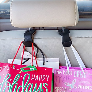 EcoNour Leather Car Seat Hooks (2 Pack Black) | Portable Bag Holder for Car to Keep Your Purse, Groceries & Handbags from Sliding Around | Headrest Hook with Crafted Stitches