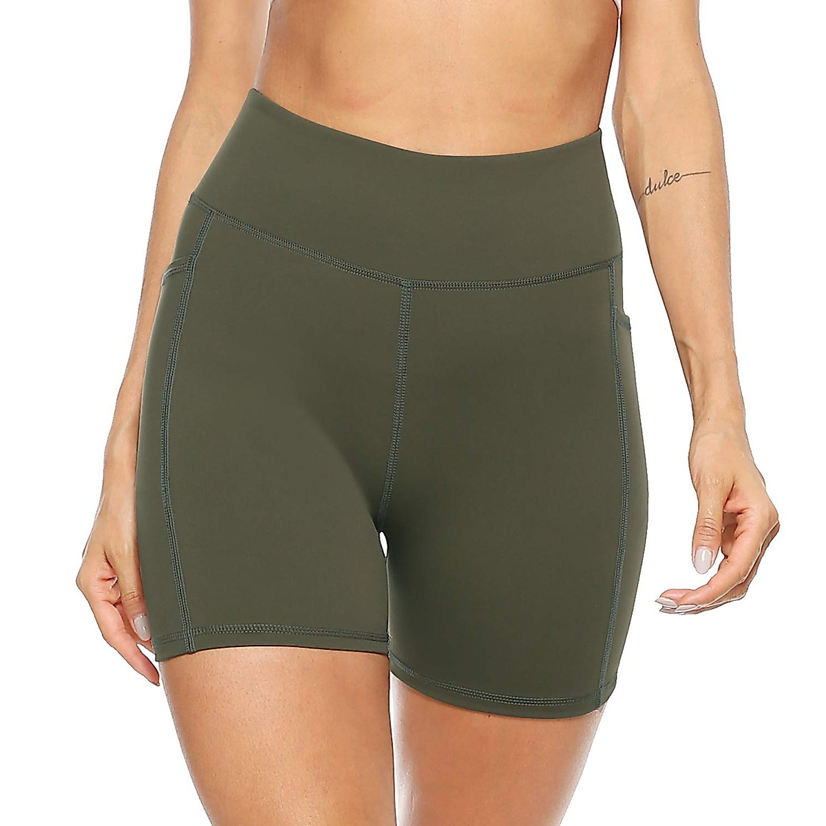 AFITNE Yoga Shorts for Women with Pockets High Waisted Workout Athletic Running Shorts Biker Spandex Gym Fitness Tights Leggings Army Green - L
