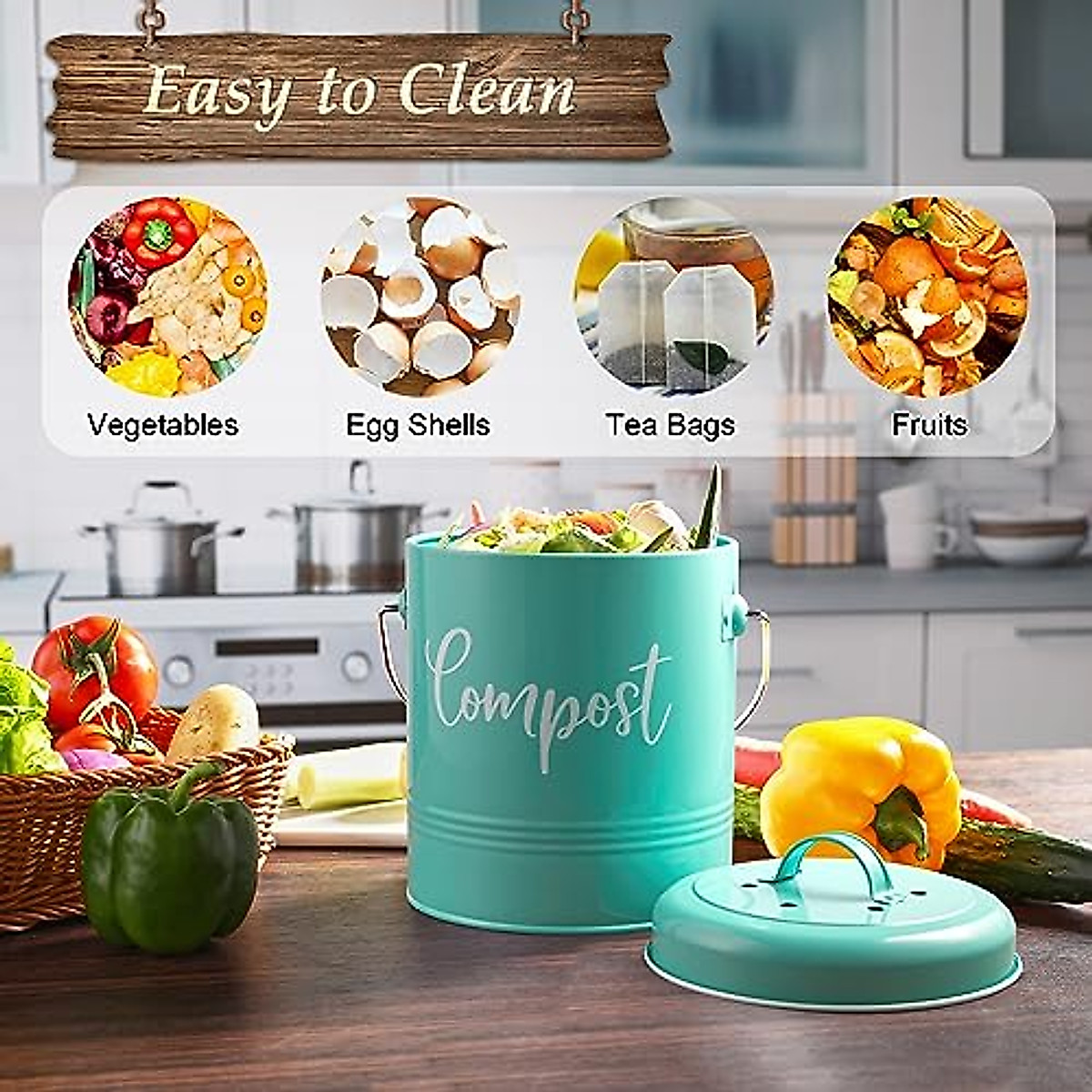 Teal Compost Bin Kitchen - 1.3 Gallon Turquoise Kitchen Compost Bin Countertop - Indoor Countertop Compost Bin with Lid - Rust Proof Compost Bucket - Teal Kitchen Decor and Accessories