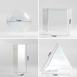 Prism Set, 4 Pack K9 Optical Crystal Photography Prism Set, Include 55mm Crystal Ball, 50mm Crystal Cube, 50mm Triangular Prism, 60mm Optical Pyramid, Gift Box for Teaching, Science, Photography, Play