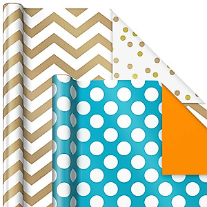 Hallmark Reversible Wrapping Paper Bundle (6 Rolls: 150 Square Feet Total) Stripes, Chevron, Solid, Black & White, Gold, Green, Orange, Blue for Birthdays, Holidays, Any Occasion