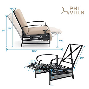 PHI VILLA Outdoor Recliner Chair for Patio, Oversized Patio Metal Chaise Lounge Chair Zero Gravity with Removable Beige Cushion for Garden, Poolside, Lawn