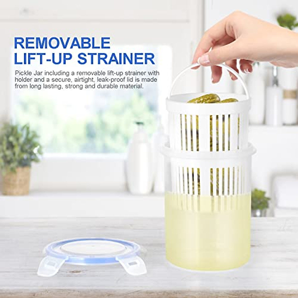 BestAlice 2 Pack Pickle Jar with Strainer Insert, Transparent Pickle Storage Container with Leaks-Proof and Lock It Lid, Pickle Holder Keeper Lifter, Barrel of Olive Jalapeno, Food Storage Container