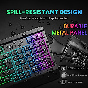 HovingTech Gaming Keyboard, USB Wired Keyboard with Metal Panel Rainbow Backlight, LED Illuminated Ergonomic Wrist Rest, Shortcuts, 19-Key Anti-Ghosting, Laptop & Desktop PC Computer Black