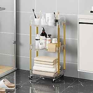 Dttwacoyh 3-Tier Rolling Cart，Makeup Cart with Wheels，Snack Cart，PET and Metal Rolling Cart for Living Room，Kitchen，Office，Bathroom，Golden