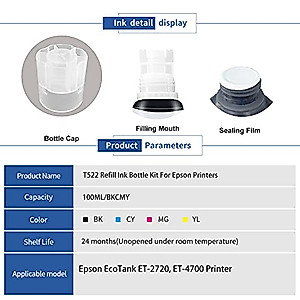 Aomya Compatible T522 Refill Ink Bottle Kit Premium Ink for EcoTank ET-2720, ET-4700 Printers Black, Cyan, Magenta, Yellow 4-Pack 100ML