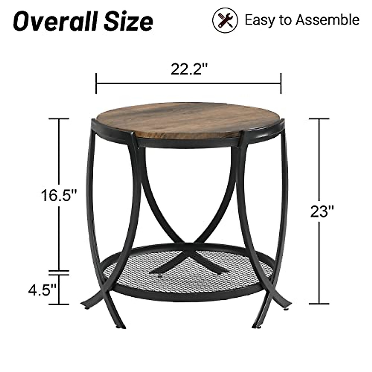 ASYA Industrial Round End Table with Storage Shelf, 2-Tier Side Table for Living Room, Adjustable Feet & lmitation Wood Grain Surface, Rustic Brown