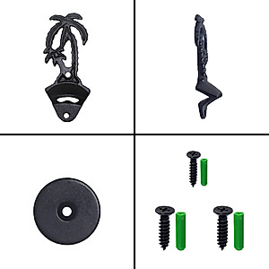 Luwanburg Palm Tree Cast Iron Beer Bottle Opener Wall Mounted with Magnetic Cap Catcher (Black)