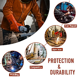 QeeLink Leather Welding Jacket - Flame-Resistant Heavy Duty Work Welder Jackets - Split Cowhide Welding Coat for Men Women (Large)