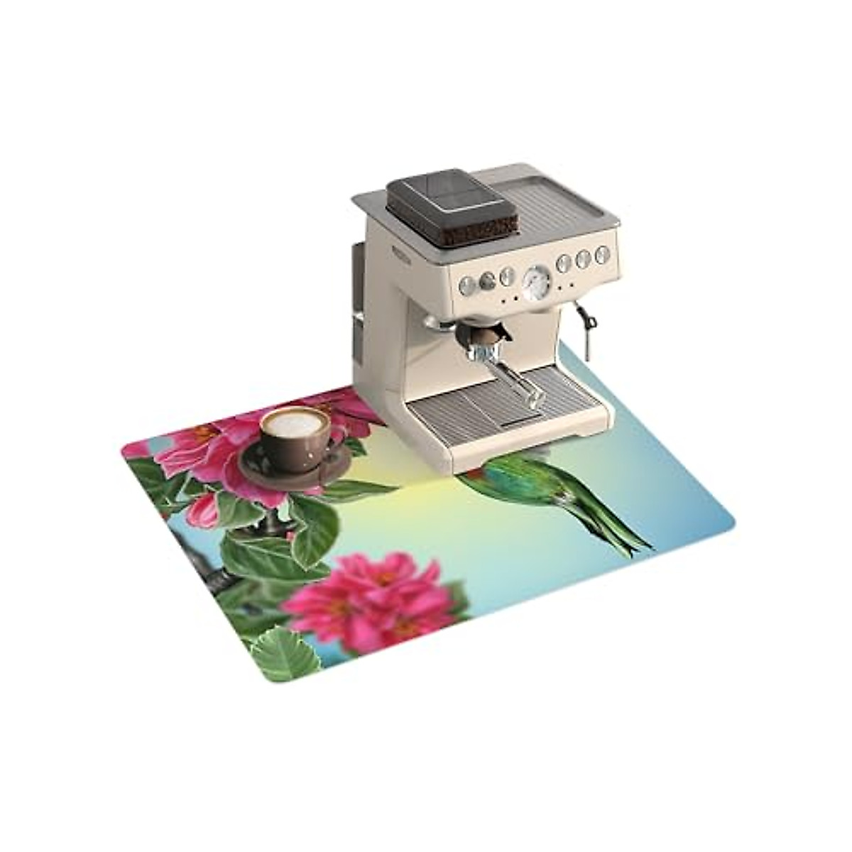 Spring Flowers and Hummingbird Coffee Mat Coffee Maker Mat,Super Absorbent Coffee Bar Accessories,Watercolor Pink Blossom Floral Non-slip Coffee Station Mat Dish Drying Pad,18x28in