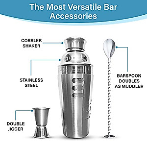 Stainless Steel Cocktail Shaker Set | 3-Piece | Anti-Smudge Martini Drink Mixer Bar Set with Mixing Spoon, 24 Oz Cocktail Drink Shaker with Jigger for Bartending | Solid Bartender Kit | Leak Proof
