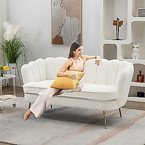 Modern Boucle Loveseat Couch,Futon Small Sofa with Gold Metal Legs ,2-Seater Upholstered Mini Sofa Couches for Small Space,Living Room Bedroom Office Dorm Studio Apartment Love Seat Couche(White)