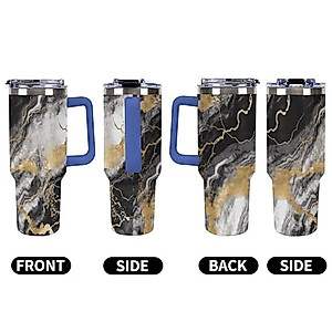 40 Oz Vacuum Tumbler with Deep Blue Handle Leakproof Insulated Tumbler Black White Gold Foil Marble Stainless Steel Travel Mug with Lid And Straw Coffee Cup Cute Water Bottles Cup Holder Friendly