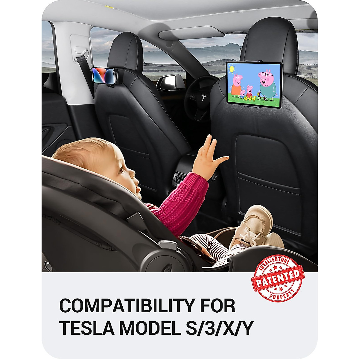 BASENOR 2025 Upgraded Tesla Model Y Model 3 Model S Model X LR/Plaid Tablet Holder Headrest Tablet Mount, 360° Adjustable Travel Rotation Tesla Car Headrest Stand Cradle Accessories