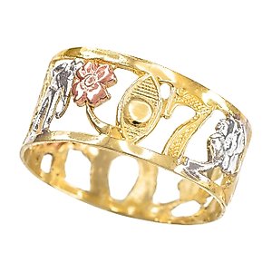 10K Tri Tone Yellow, White, and Rose Gold Lucky Charms Talisman Openwork Band Style Statement Ring - Size 9-1/2