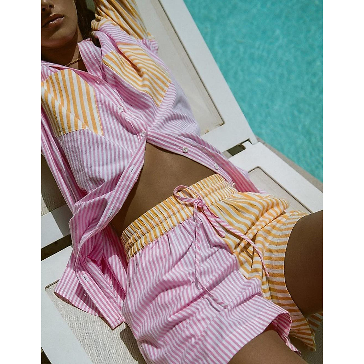 SAFRISIOR Women’s 2 Piece Casual Tracksuit Outfit Sets Stripe Long Sleeve Shirt And Loose High Waisted Mini Shorts Set (Medium, Pink&Yellow, m)