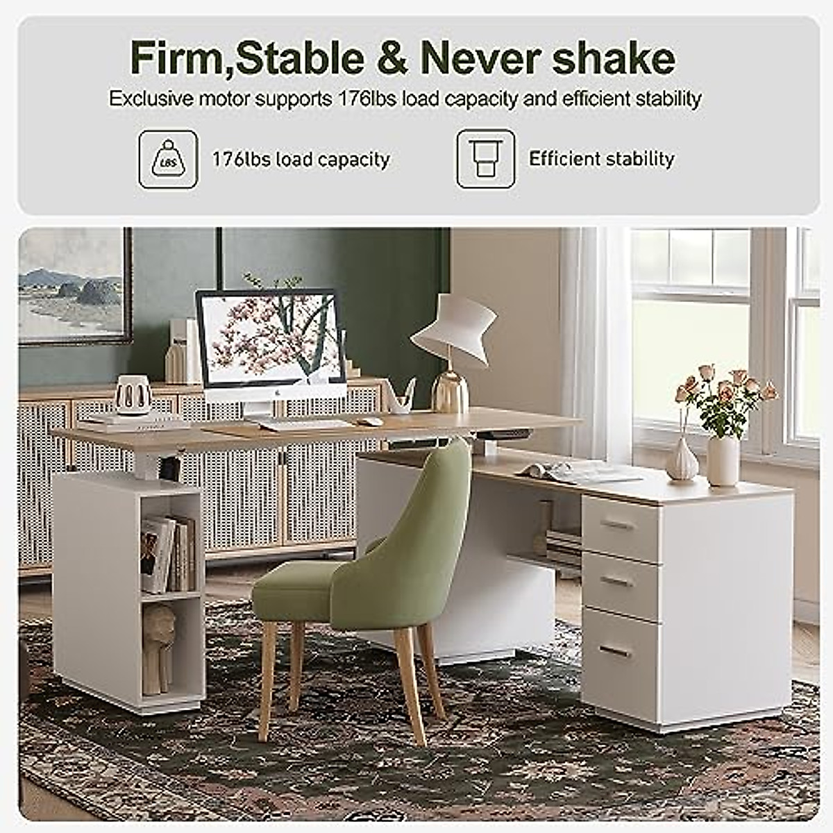 BANTI Executive L Shaped Standing Desk with 3-Drawer File Cabinet, 63" Electric Height Adjustable Stand up Desk for Home Office, Computer Desk with Storage Cabinets, Natural Top