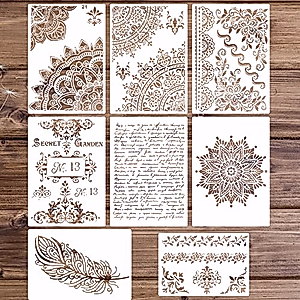 8 Piece Large Mandala Stencil Vintage Script Stencil Templates Reusable Feather French Border Furniture Stencils for Painting on Furniture Wood Canvas DIY Craft Wall Decoration (mandala1)